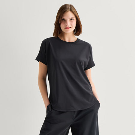 Click here for Stylus Woven Dolman Tee\N Womens Crew Neck Short S... prices