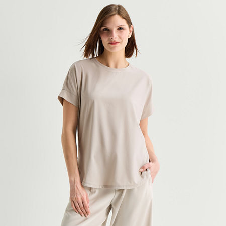 Click here for Stylus Woven Dolman Tee\N Womens Crew Neck Short S... prices