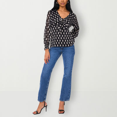 Sam And Jess Womens V Neck Long Sleeve Blouse, Color: Black White Dot ...