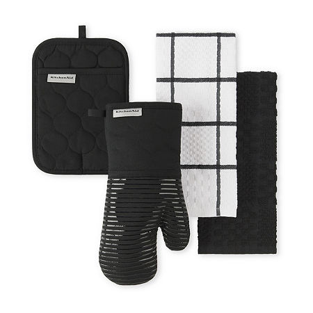 KitchenAid Quilted Cotton Terry Cloth Kitchen Towel  Oven Mitt  Potholder 4-Pack Set  - Onyx Black