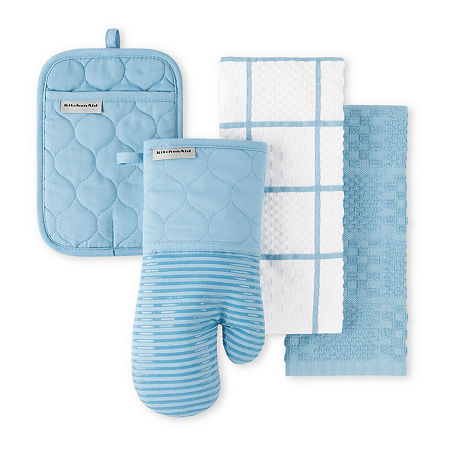 KitchenAid Quilted Cotton Terry Cloth Kitchen Towel  Oven Mitt  Potholder 4-Pack Set  - Blue Velvet