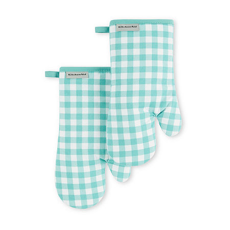 KitchenAid Gingham Oven Mitt 2-Pack Set  7 x 13 - Aqua Sky
