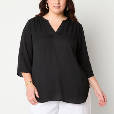 Worthington Womens Plus Split Crew Neck 3/4 Sleeve Blouse, Color: Black ...