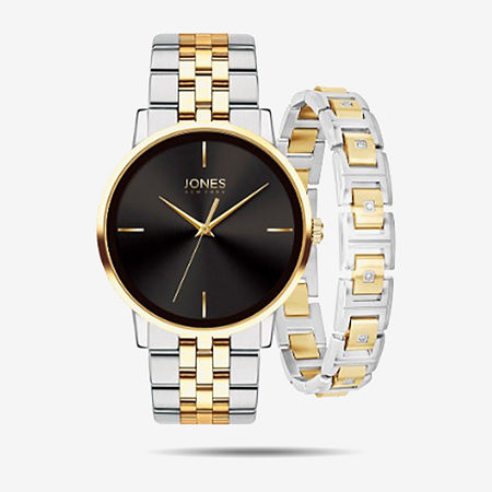 Jones New York Mens Analog Two Tone Metal Alloy Bracelet Watch  42mm and Bracelet Set - Black  Gold  Silver