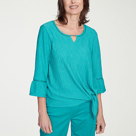 Alfred Dunner Nantucket Womens Split Crew Neck 3/4 Sleeve T-Shirt  Medium  Green