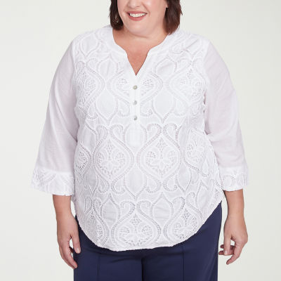 Alfred Dunner Plus Nantucket Womens Split Crew Neck 3/4 Sleeve Blouse ...