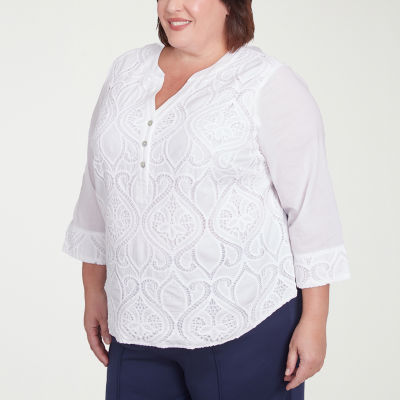 Alfred Dunner Plus Nantucket Womens Split Crew Neck 3/4 Sleeve Blouse ...