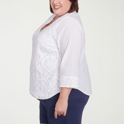 Alfred Dunner Plus Nantucket Womens Split Crew Neck 3/4 Sleeve Blouse ...