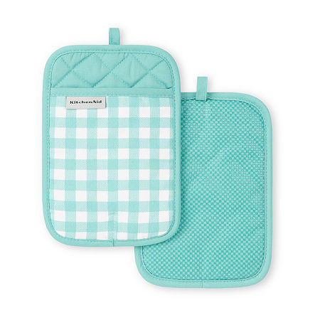 KitchenAid Gingham Pot Holder 2-Pack Set  7 x 10 - Aqua Sky