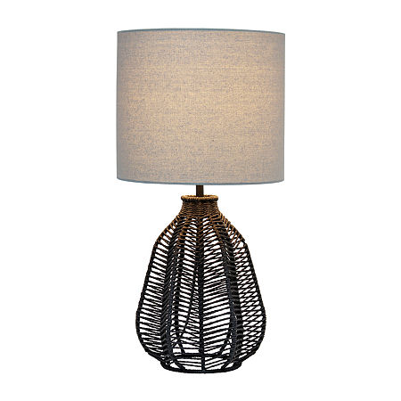 All The Rages 21 Vintage-like Rattan Wicker Style Paper Rope Bedside Table Lamp with Light Beige Fabric Shade - Black