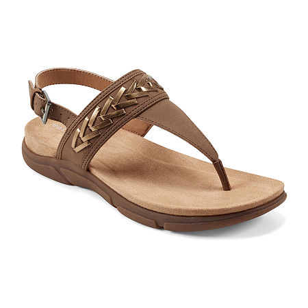 Easy Spirit Womens Monte Woven T-Strap Flat Sandals - Medium Brown/Bronze