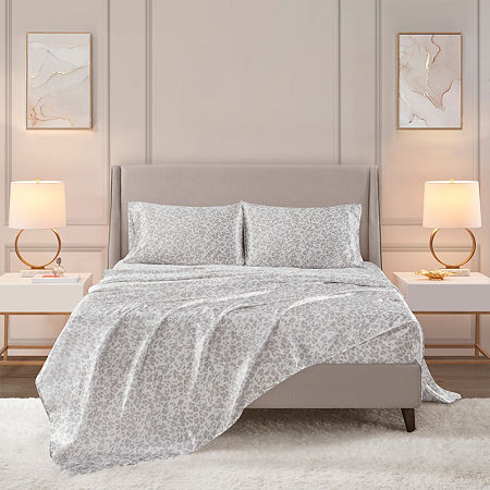 Madison Park Essentials Printed Satin Sheet Set  Twin - Gray Leopard