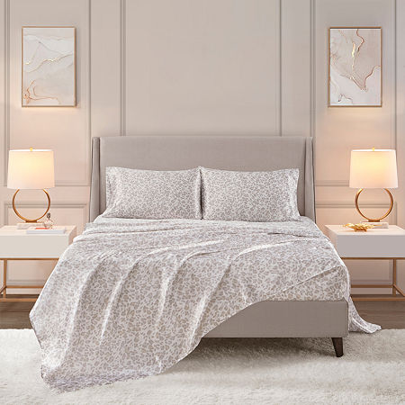 Madison Park Essentials Printed Satin Sheet Set  Twin - Taupe Leopard
