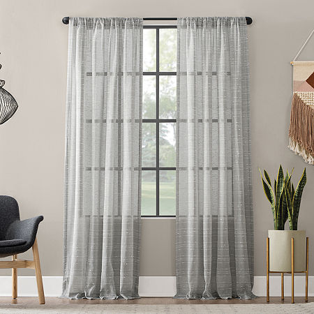 Textured Slub Stripe Anti-Dust Linen Blend Sheer Curtain Panel - Gray