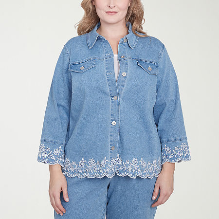 Alfred Dunner Flower Power Womens Denim Lightweight Plus Jacket  3x  Blue