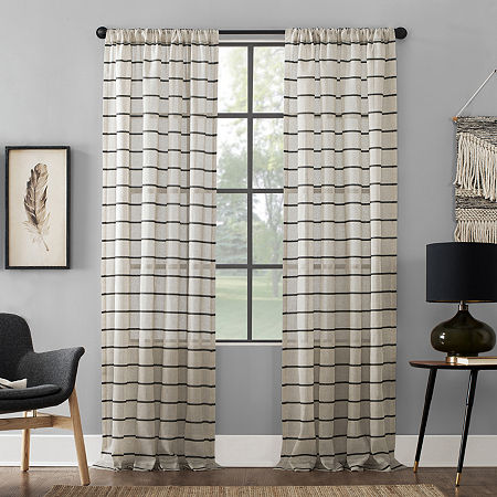 Twill Stripe Anti-Dust Linen Blend Sheer Curtain Panel - Black/linen