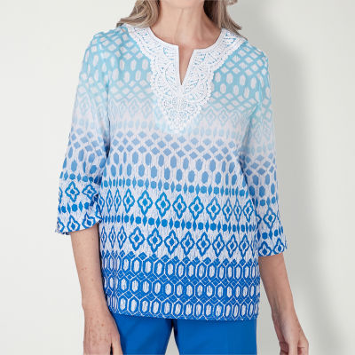 Alfred Dunner Neptune Beach Womens Split Crew Neck 3/4 Sleeve Blouse ...