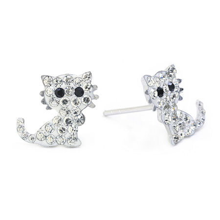 Crystal Pave Little Cat with Whiskers Stud Earrings in Sterling Silver - Silver