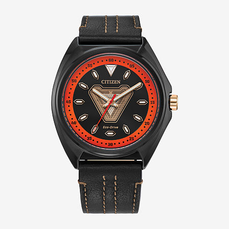 Citizen Eco-Drive Mens Marvel Tony Stark Black Leather Strap Watch 43mm - Black