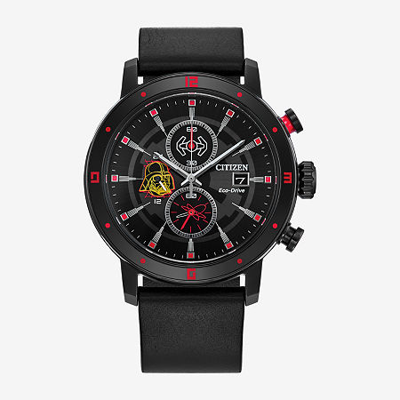 Citizen Eco-Drive Mens Chronograph Star Wars Darth Vader Black Leather Strap Watch 44mm - Black