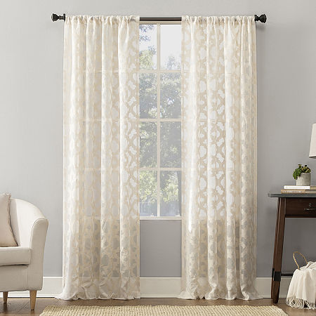 Yvette Trellis Jacquard Sheer Rod Pocket Curtain Panel - Cream