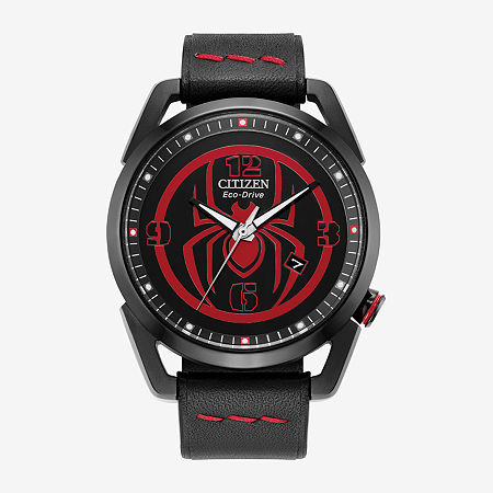Citizen Eco-Drive Mens Marvel Miles Morales Black Leather Strap Watch 42mm