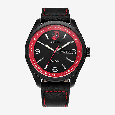 Citizen Eco-Drive Mens Marvel Deadpool Returns Black Leather Strap Watch 43mm
