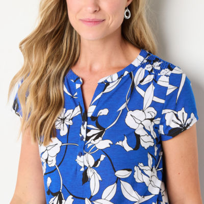 Liz Claiborne Womens Split Crew Neck Short Sleeve Blouse - JCPenney