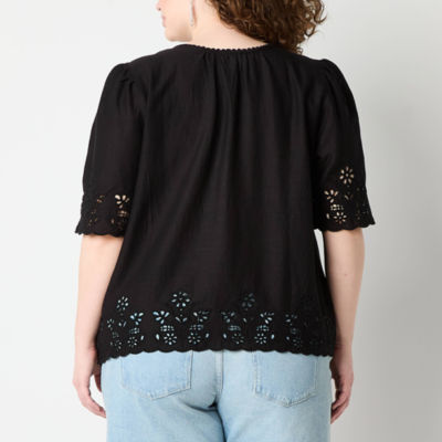 a.n.a Plus Eyelet Womens Split Crew Neck Elbow Sleeve Blouse - JCPenney