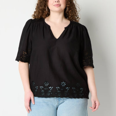 a.n.a Plus Eyelet Womens Split Crew Neck Elbow Sleeve Blouse - JCPenney