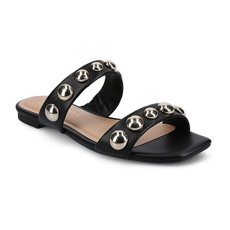 Journee Collection Womens Frida Studded Slide Flat Sandals - Black/Gold