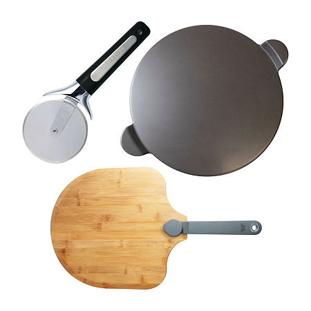 Old Stone 3pc Glazed Pizza Stone Set. Set includes 15 Glazed Pizza Stone  14 X 16 Real Peel  and a 3.5 Pizza Cutter Set - Gray
