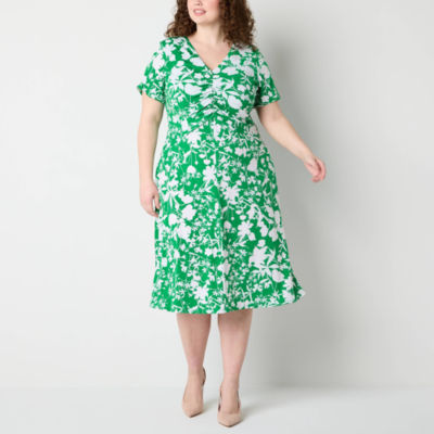 Perceptions Womens Short Sleeve Floral Midi Fit + Flare Dress Plus ...