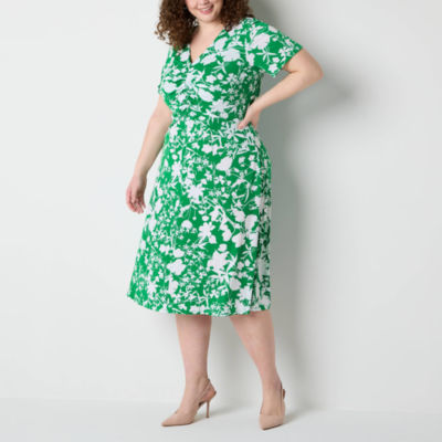 Perceptions Womens Short Sleeve Floral Midi Fit + Flare Dress Plus ...