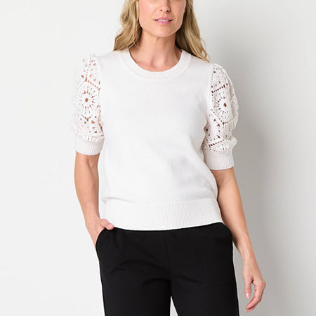 Liz Claiborne Womens Crew Neck Short Sleeve Pullover Sweater  Large  White