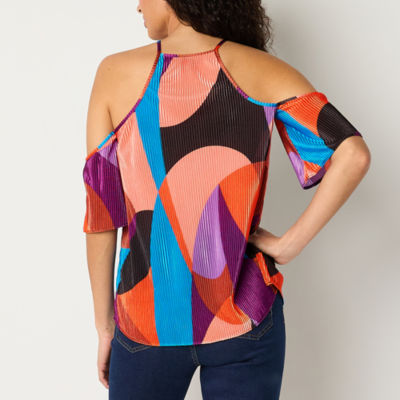 Bold Elements Womens Asymmetrical Neck Short Sleeve Blouse