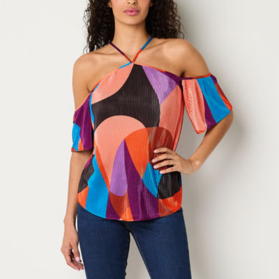 Bold Elements Womens Asymmetrical Neck Short Sleeve Blouse