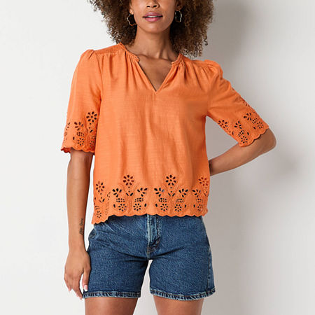 Click here for a.n.a Eyelet Womens V Neck Short Sleeve Blouse  X-... prices
