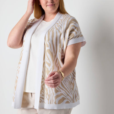Liz Claiborne Womens Short Sleeve Open Front Plus Animal Cardigan ...