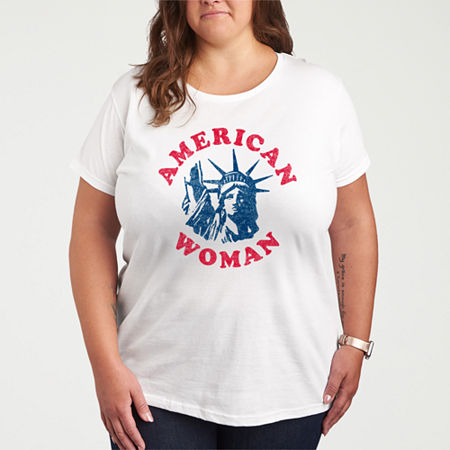 Hybrid Apparel Plus Size Instant Message American Woman Statue Of Liberty Graphic Crewneck T-Shirt - White