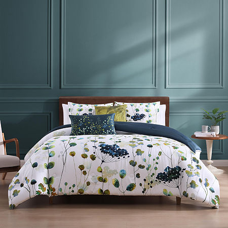Bebejan Abstract Vines Bedding 220 Thread Count 100 Cotton Sateen 5 Piece King Size Reversible Comforter Set - Navy