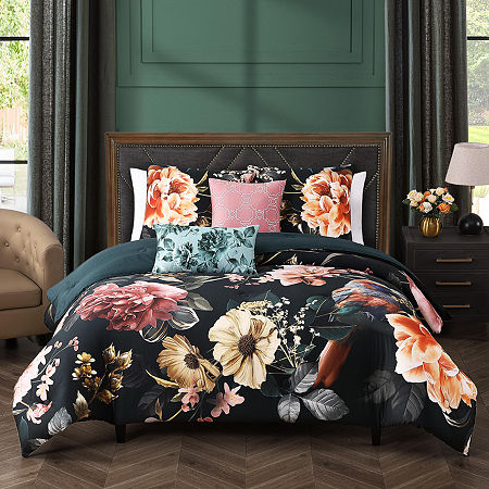 Bebejan Botanical Birds Bedding 200 Thread Count 100 Cotton Sateen 5 Piece King Size Reversible Comforter Set - Black