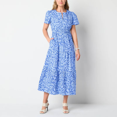 Liz Claiborne Womens Short Sleeve Midi Floral A-Line Dress, Color: Blue ...