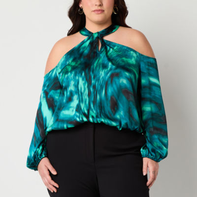 Bold Elements Womens Keyhole Neck Long Sleeve Satin Plus Blouse, Color ...