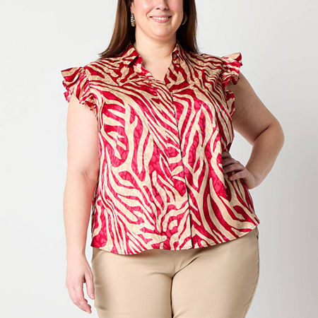 Liz Claiborne Womens Plus Easy-on + Easy-off Sleeveless Flutter Sleeve Regular Fit Button-Down Shirt  3x  Red