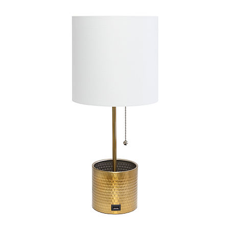 Simple Designs Hammered Metal Organizer Table Lamp with Usb Charging Port and Fabric Shade - Gold-tone