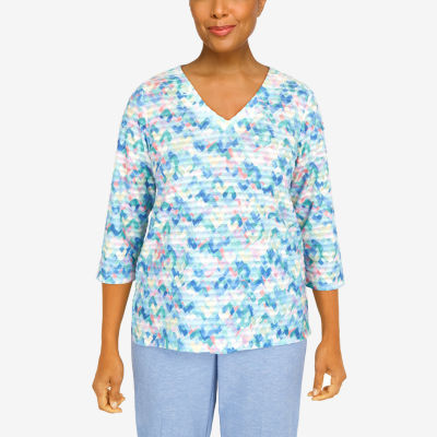 Alfred Dunner Set Sail Womens V Neck 3/4 Sleeve T-Shirt
