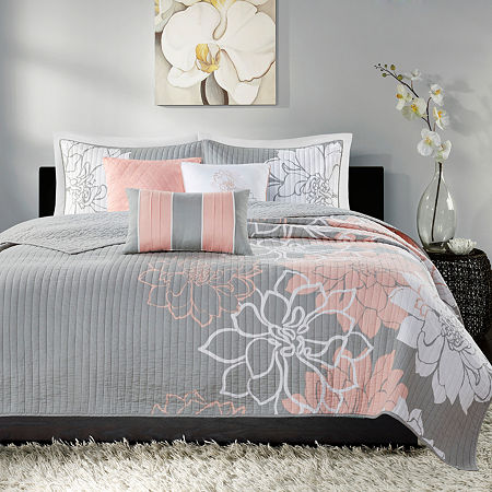 Madison Park Lola Reversible 6-Pc. Quilt Set  Full/Queen - Grey/Peach