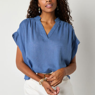 a.n.a Womens Split Crew Neck Short Sleeve Blouse - JCPenney