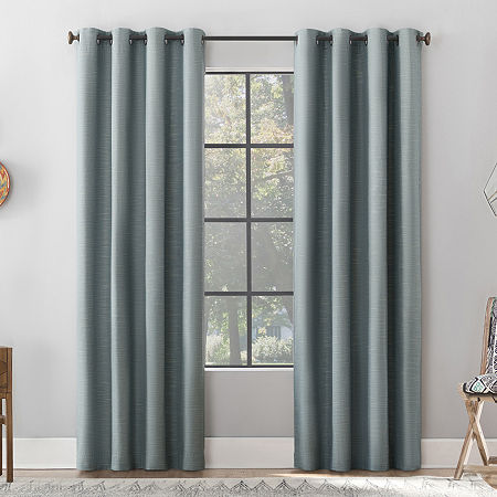 Textured Linen Blend Total Blackout Grommet Top Curtain - Storm Blue